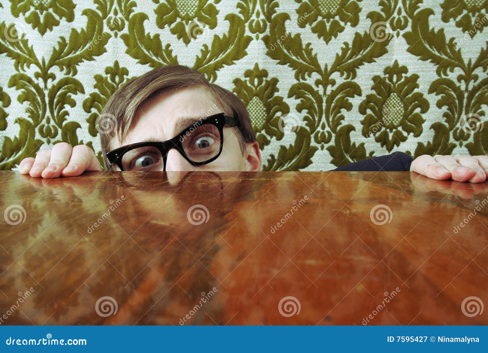 Scared nerd stock image. Image of humorous, desk, glasses - 7595427