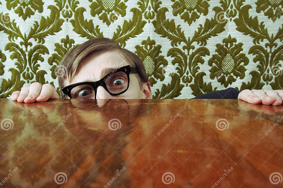 Scared nerd stock image. Image of humorous, desk, glasses - 7595427
