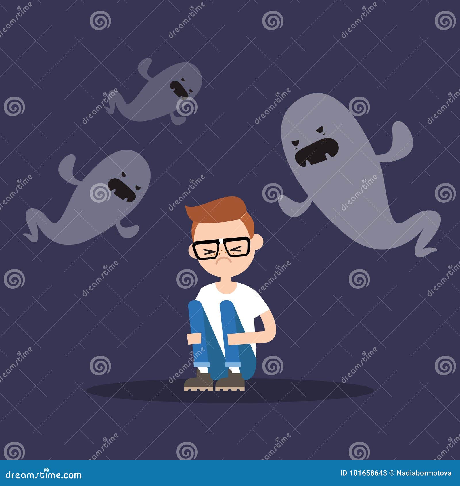 Scared Nerd Surrounded by Ghosts / Flat Editable Illustration Stock ...