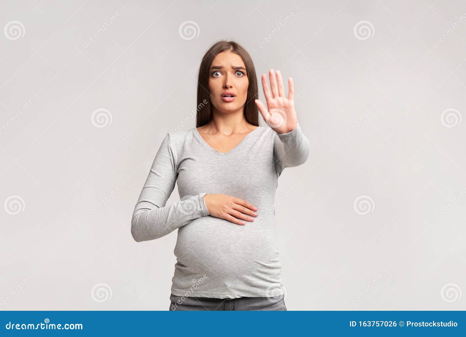 Scared Pregnant Lady Gesturing Stop Standing in Studio Stock Photo ...