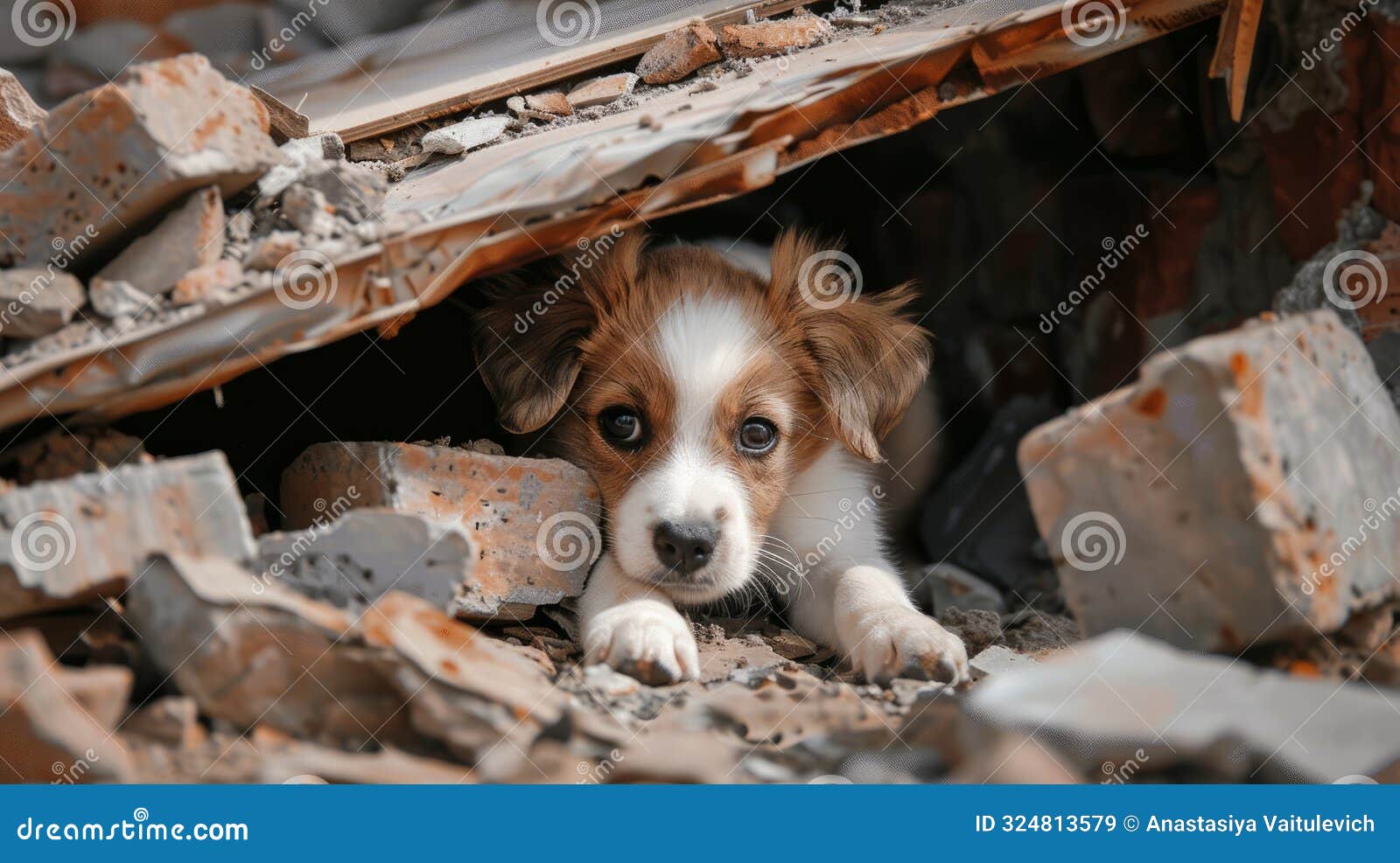 Scared Puppy is Visible through a Hole Amidst Rubble from a Destroyed ...
