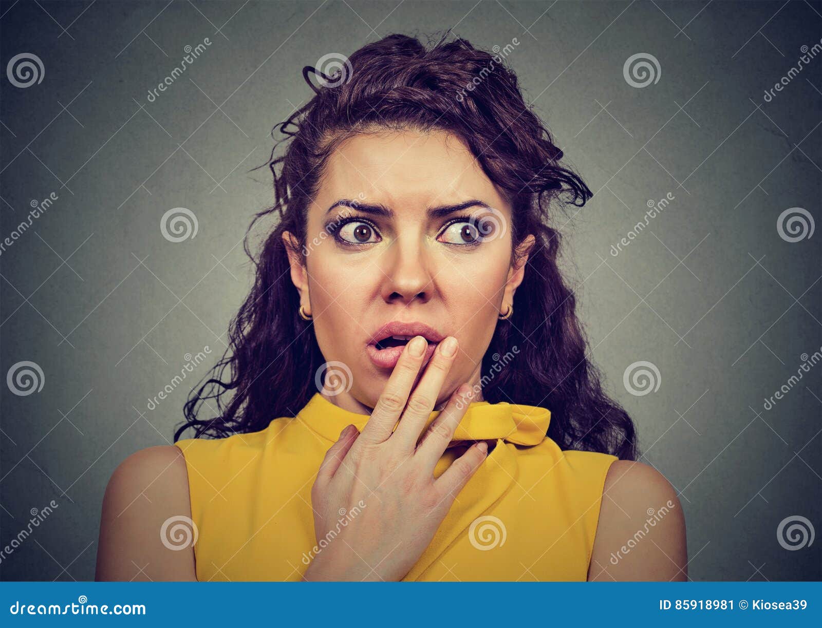 Scared Shocked Young Woman Standing And Protecting By Hands Stock Image ...