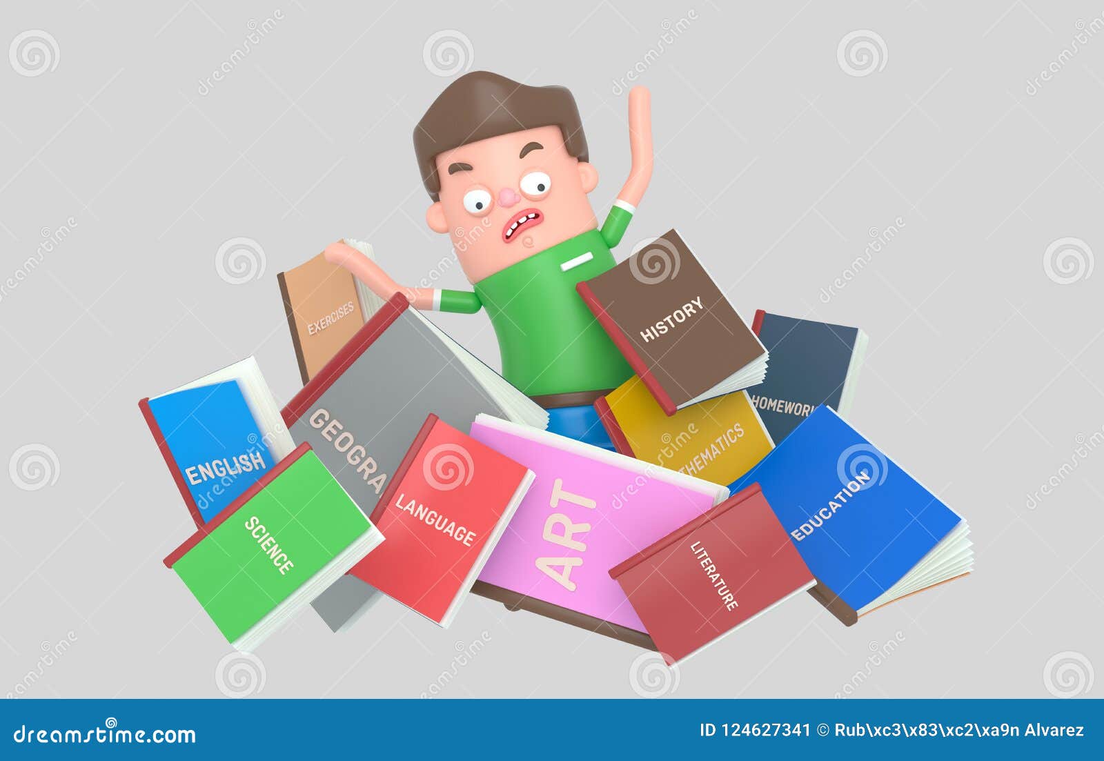 Scared Student Under Pile of Books Stock Illustration - Illustration of ...