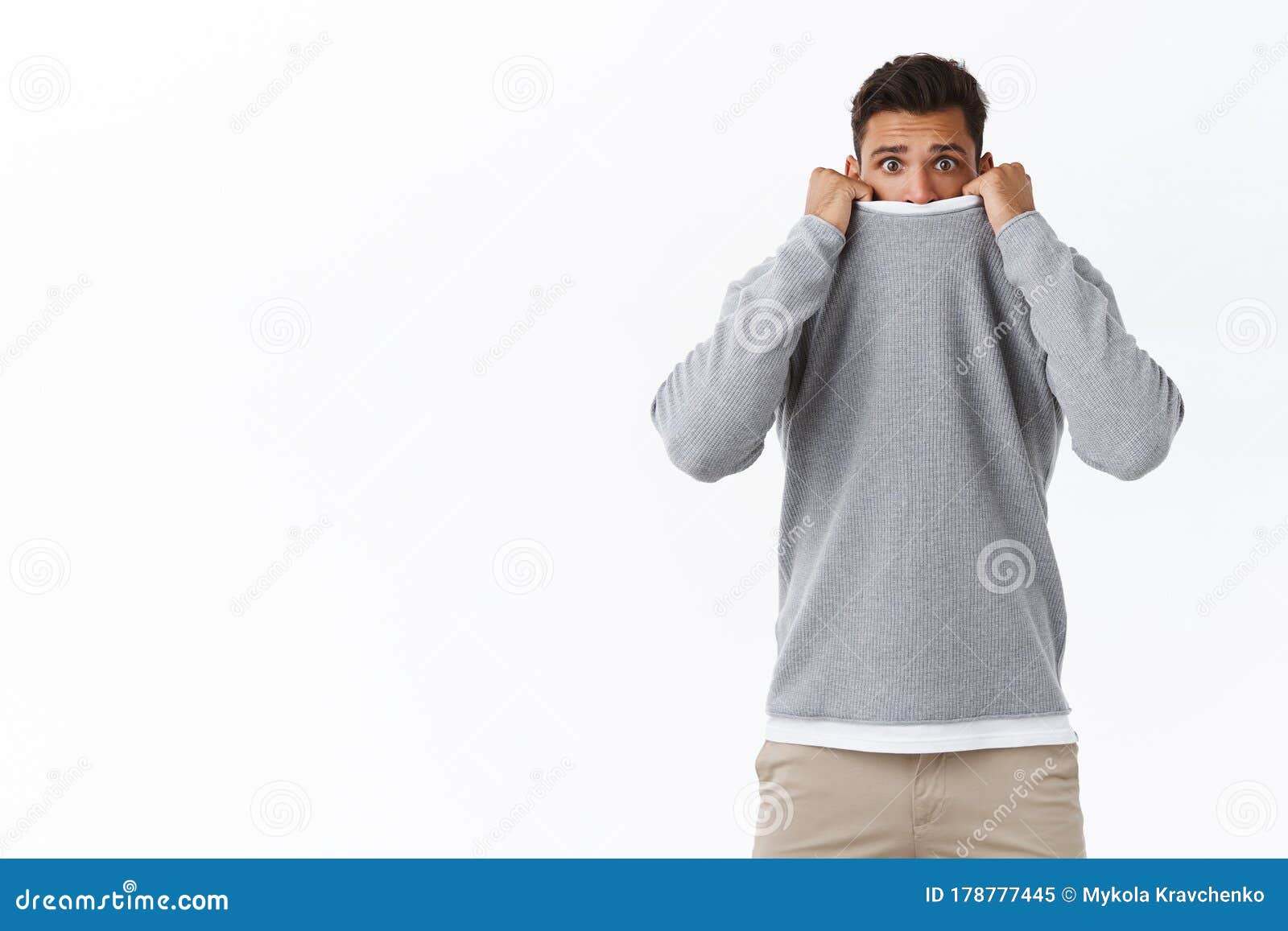 Scared, Timid And Cute Young Guy Feeling Afraid Of Horror Movies ...