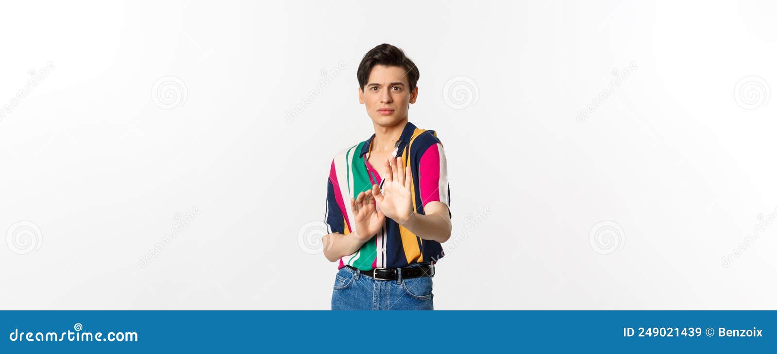 Scared And Timid Gay Man Asking To Stop Looking Alarmed And Frightened Saying No Refusing Or
