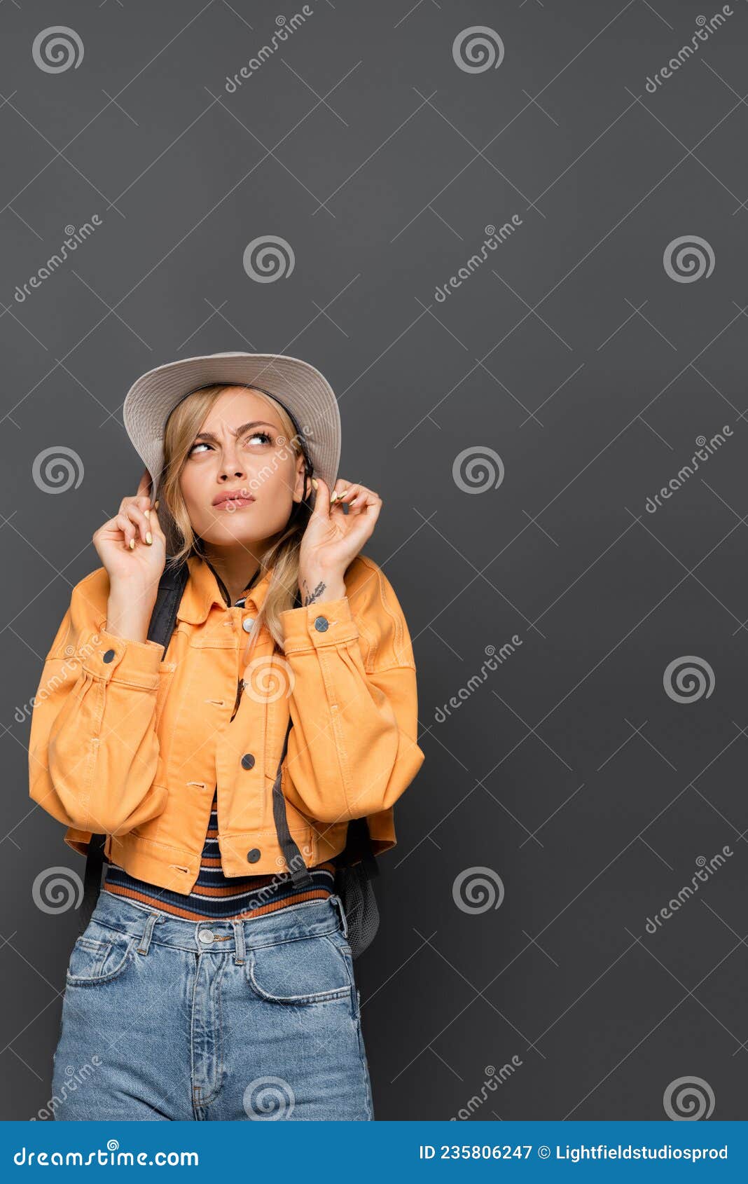 Scared Tourist with Backpack Holding Hat Stock Image - Image of holiday ...
