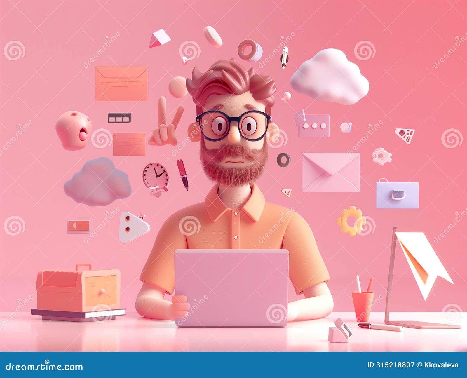 Scared UX Designer. Front View. 3d Character. Man In Glasses At His ...