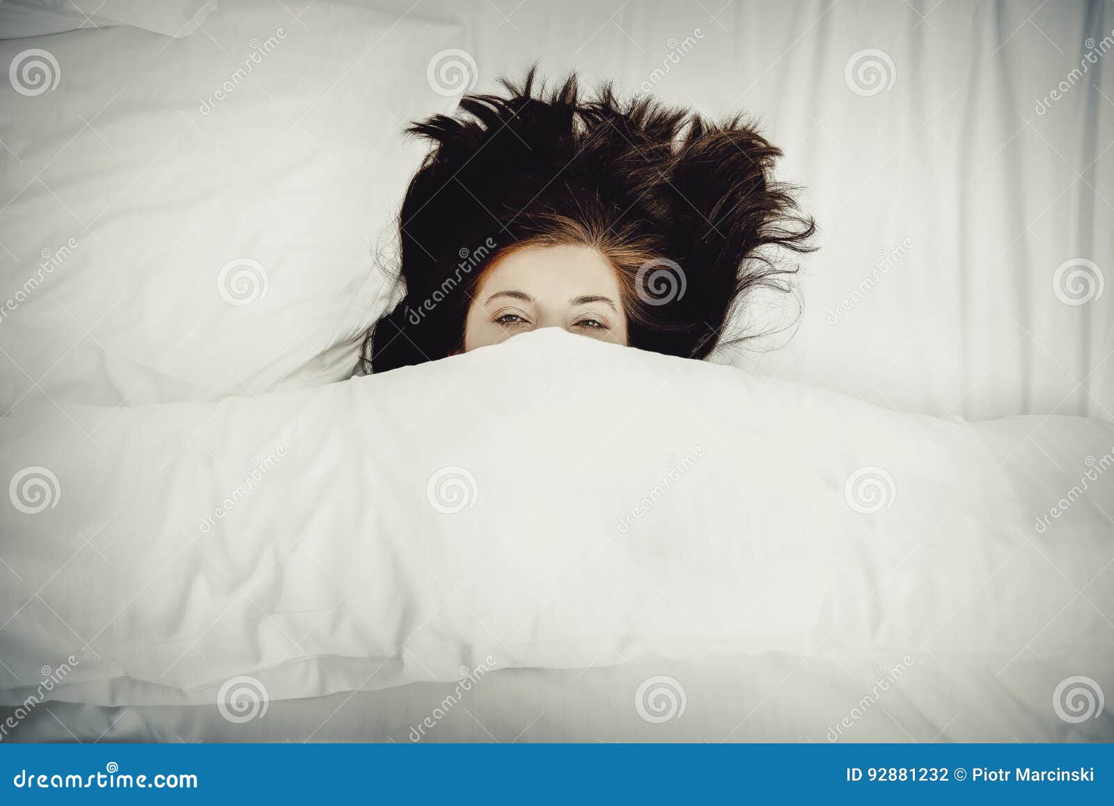 Scared woman in bed. stock photo. Image of people, shock - 92881232