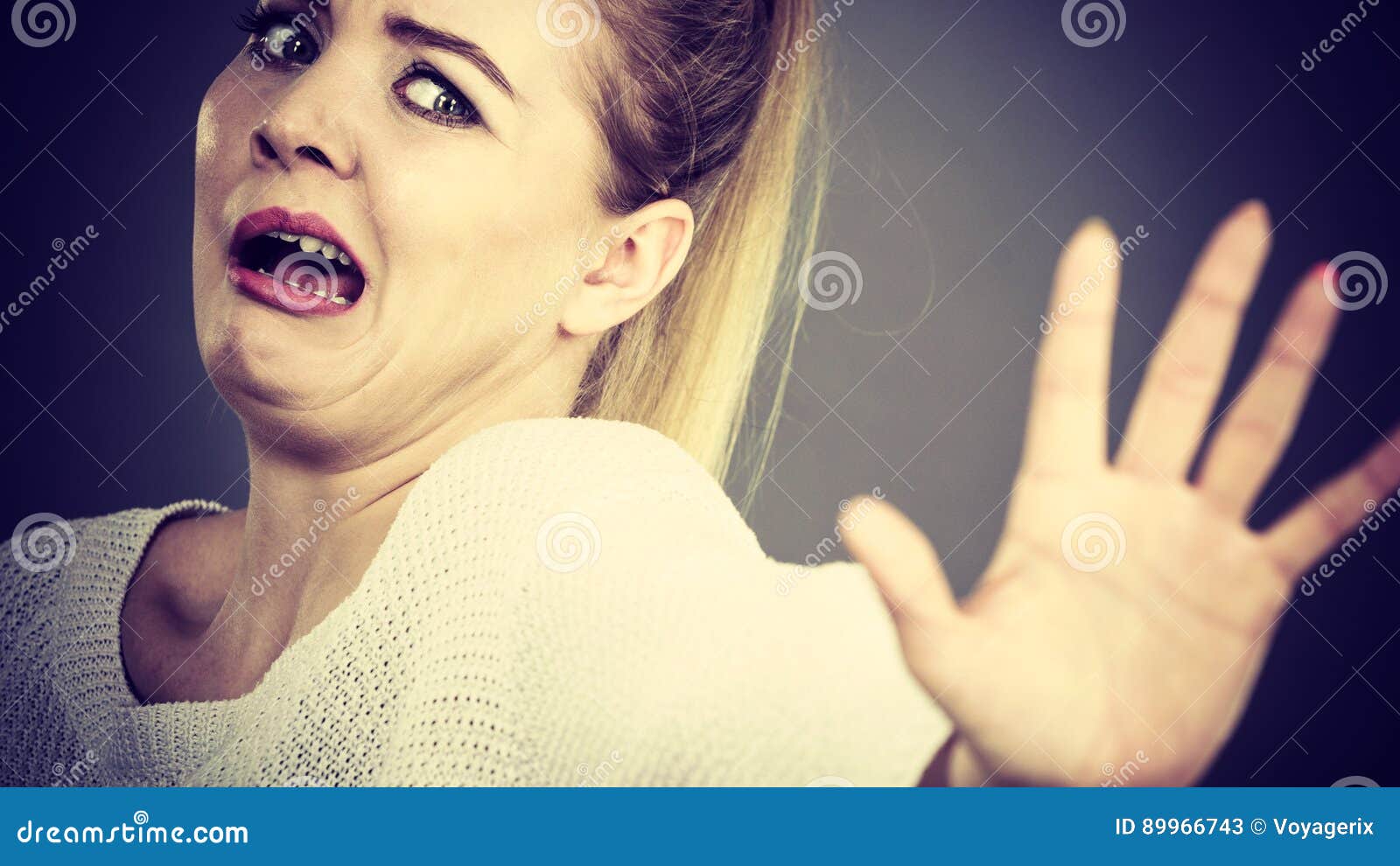 Scared Woman Gesturing Stop Gesture with Hands Stock Image - Image of ...