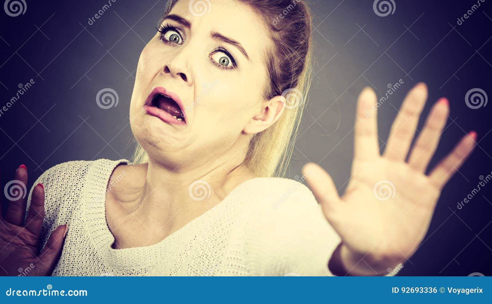Scared Woman Gesturing Stop Gesture with Hands Stock Photo - Image of ...