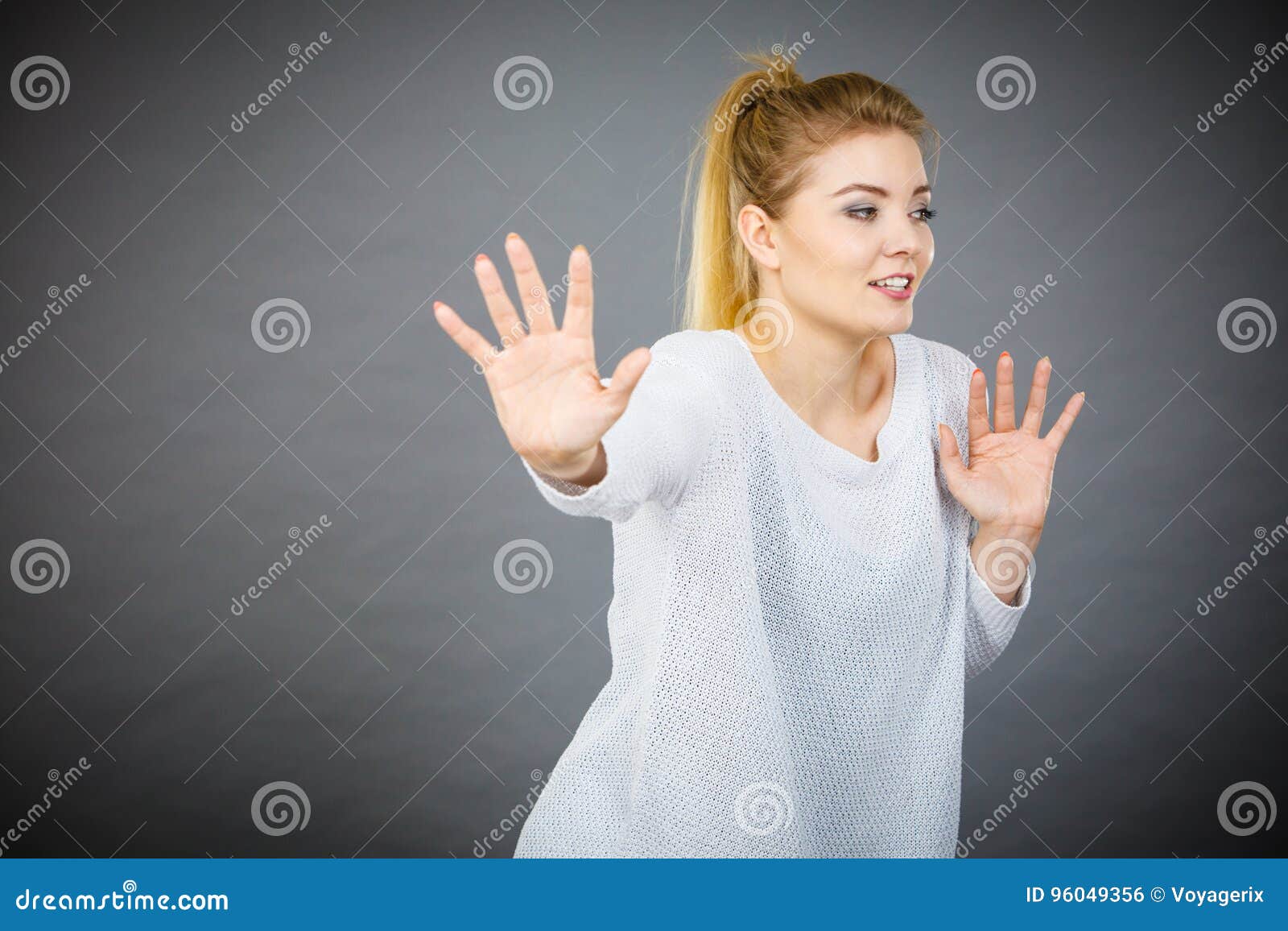 Scared Woman Gesturing Stop Gesture with Hands Stock Photo - Image of ...