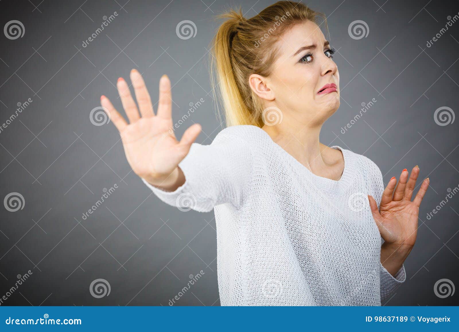 Scared Woman Gesturing Stop Gesture with Hands Stock Image - Image of ...