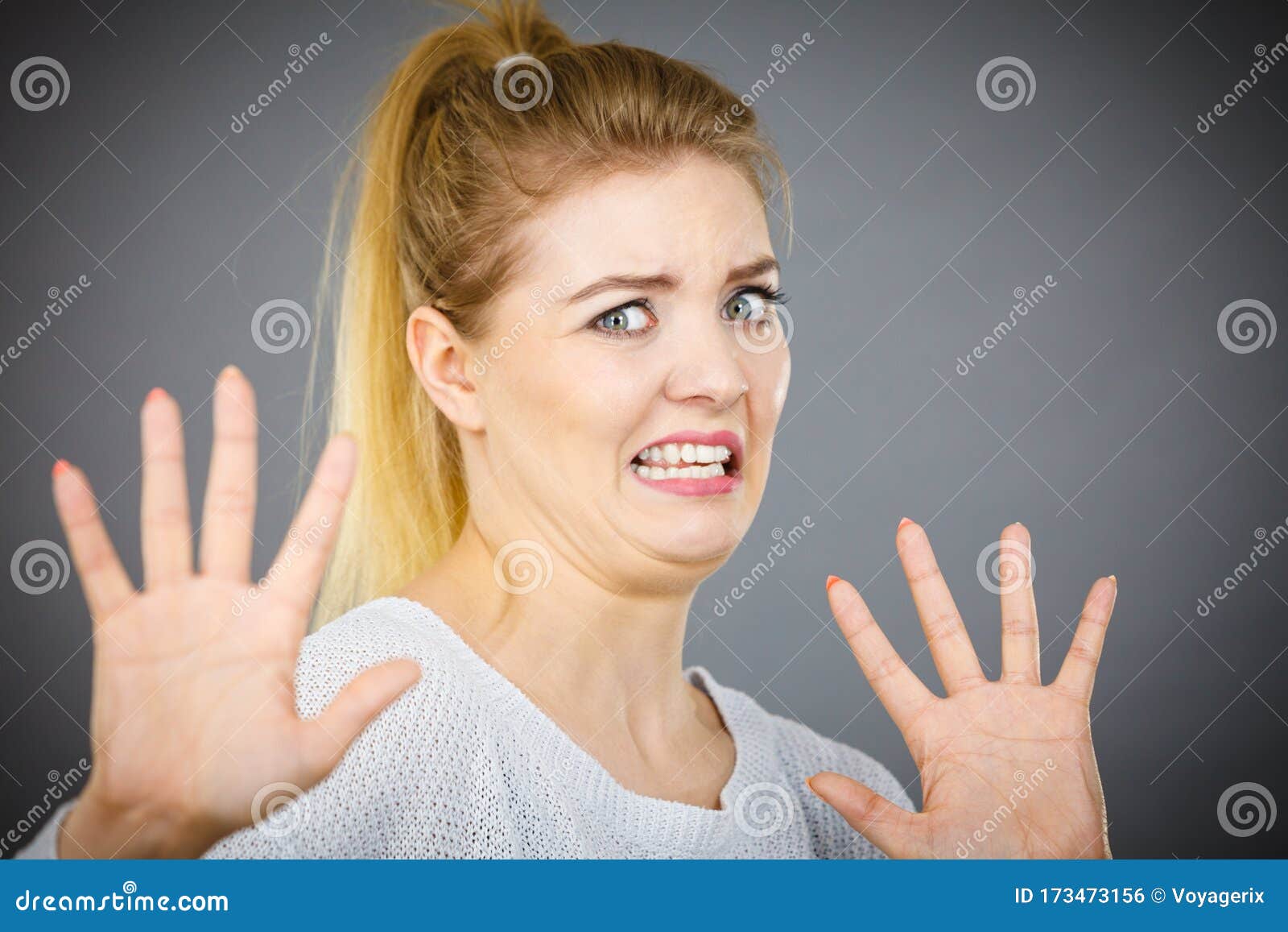 Scared Woman Gesturing Stop Gesture with Hands Stock Photo - Image of ...