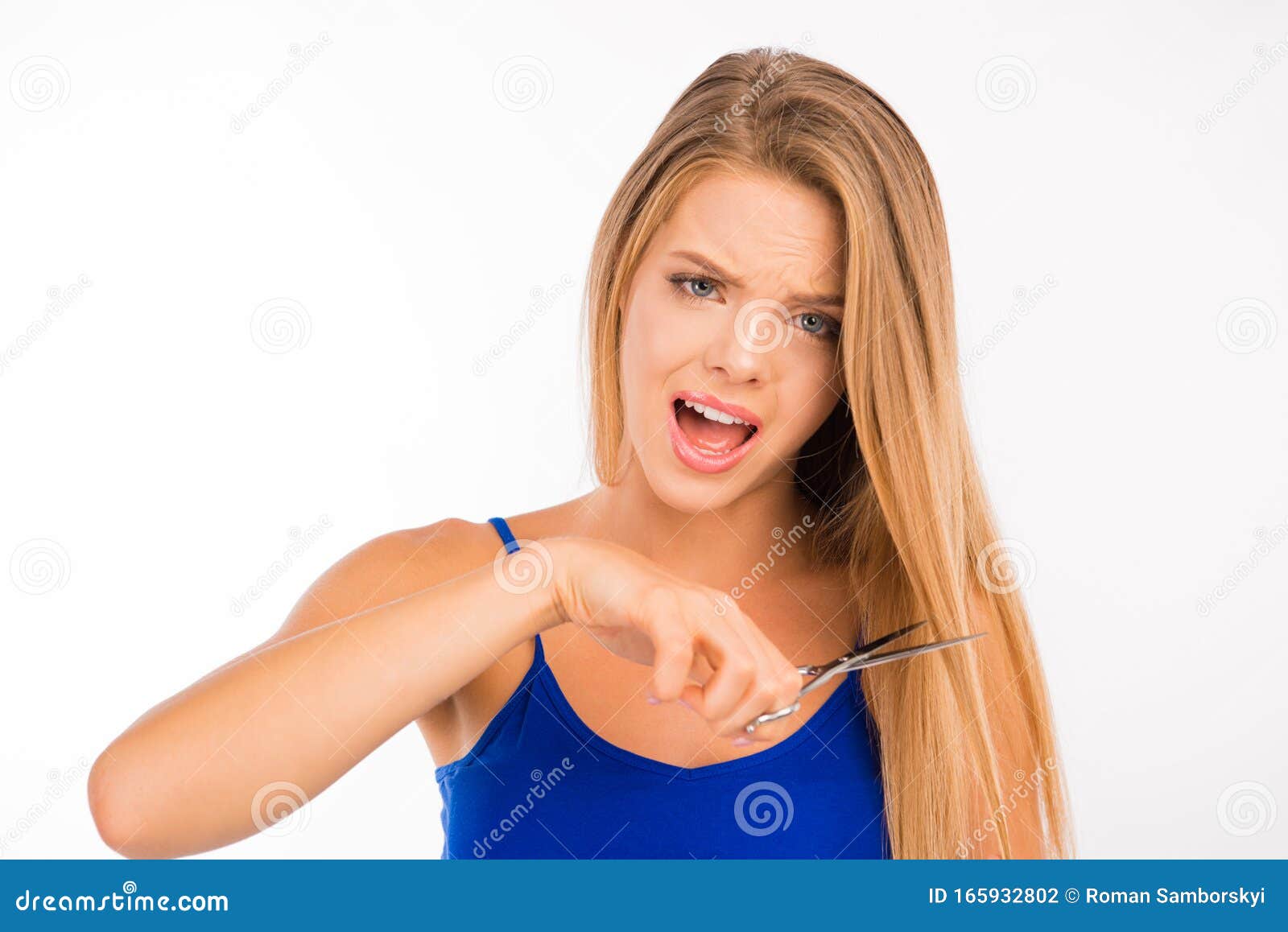 Scared Woman Going To Cut Her Split Ends Stock Photo - Image of ...