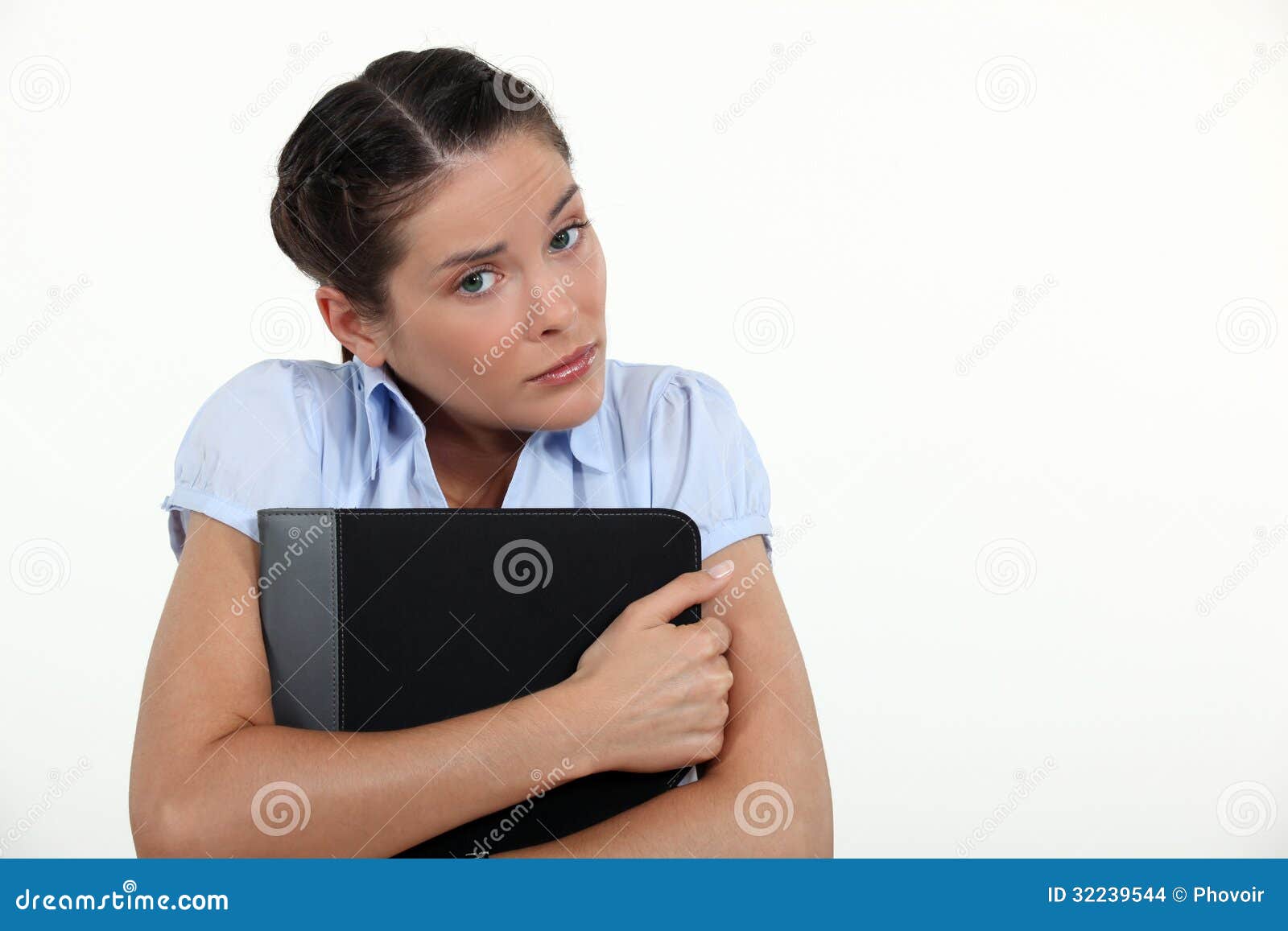 Scared Woman Hugging Folder Stock Photo - Image of beauty, business ...