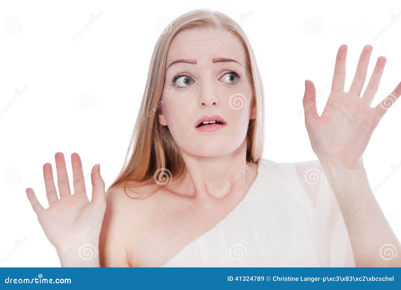 Scared Woman Raising Hands Up Stock Image - Image of look, happy: 41324789