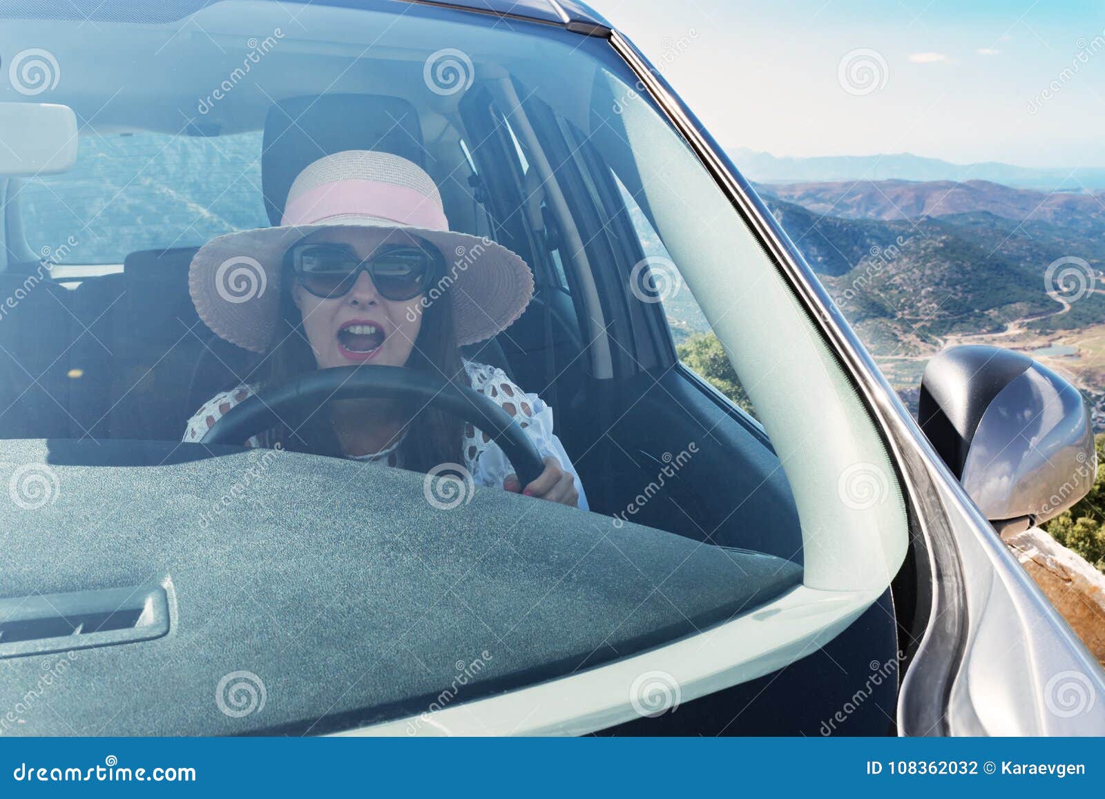 Scared Woman Shouts while Driving the Car Stock Photo - Image of ...