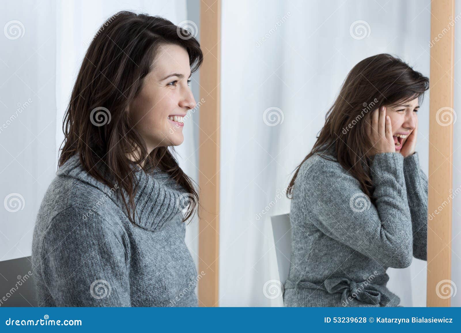 Scared Woman Simulating Good Mood Stock Photo - Image of gesture ...