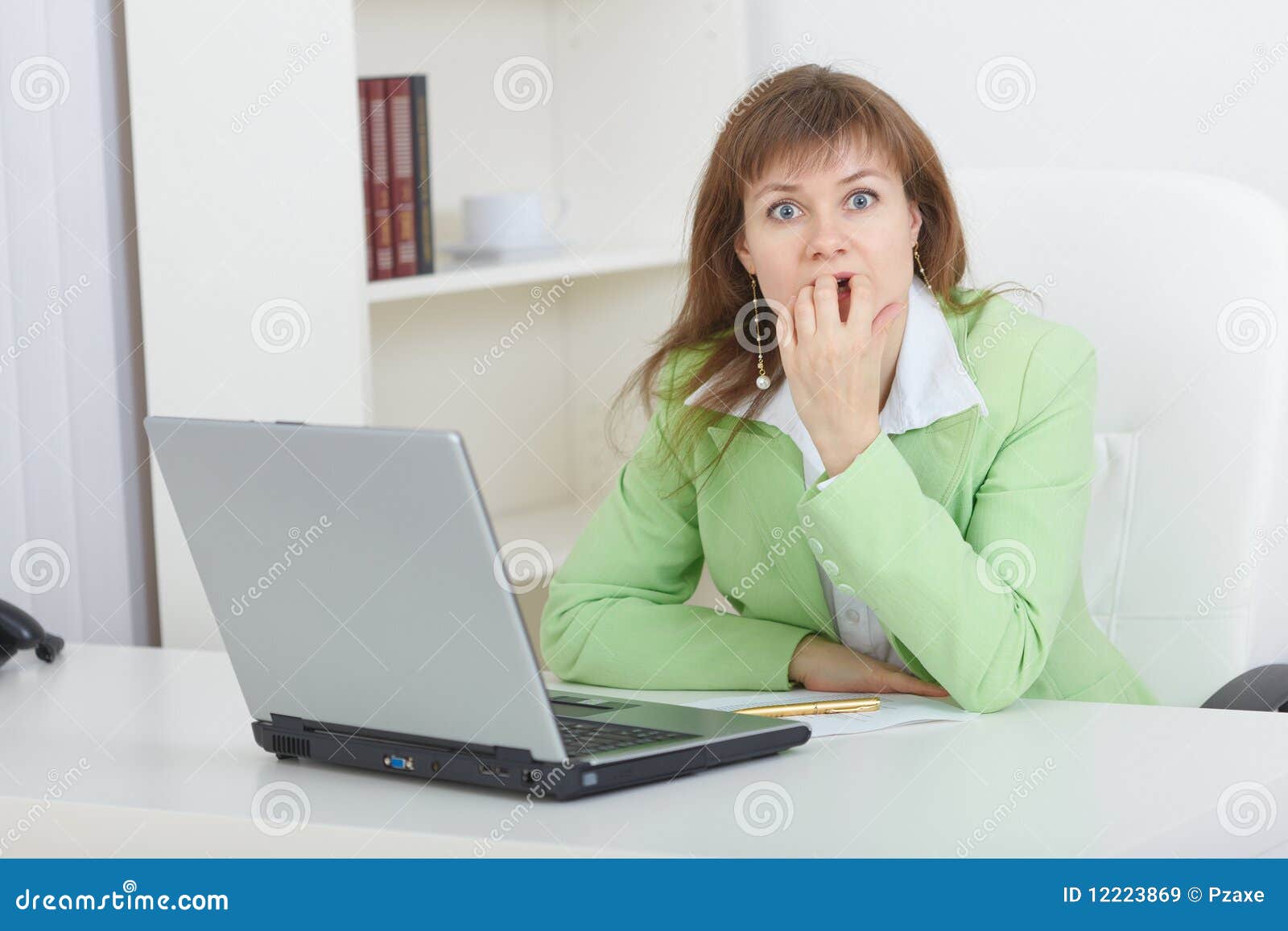 Scared Woman Sits on Workplace with Laptop Stock Image - Image of ...