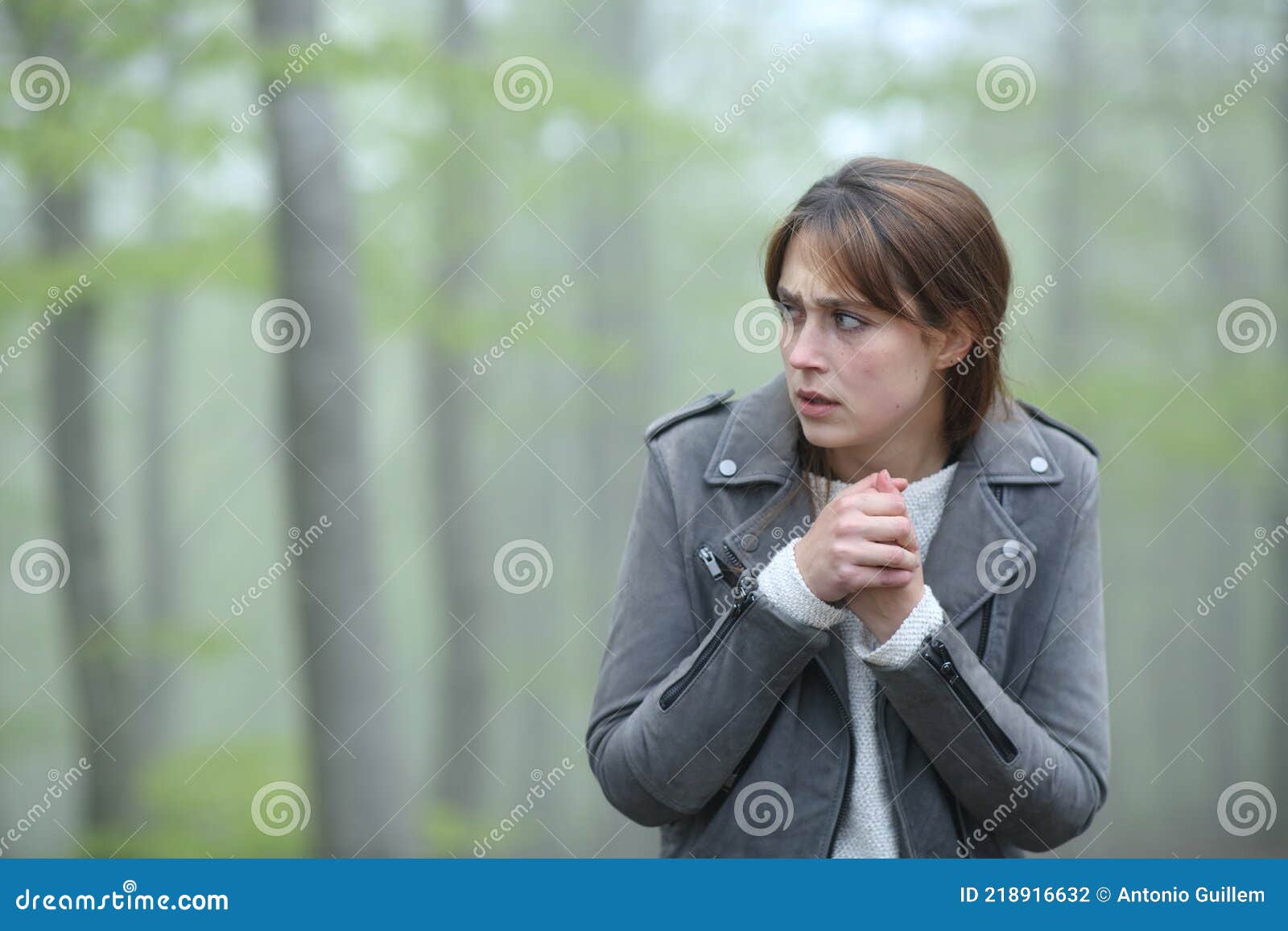 Scared Woman Walking Alone in a Foggy Forest Stock Photo - Image of ...