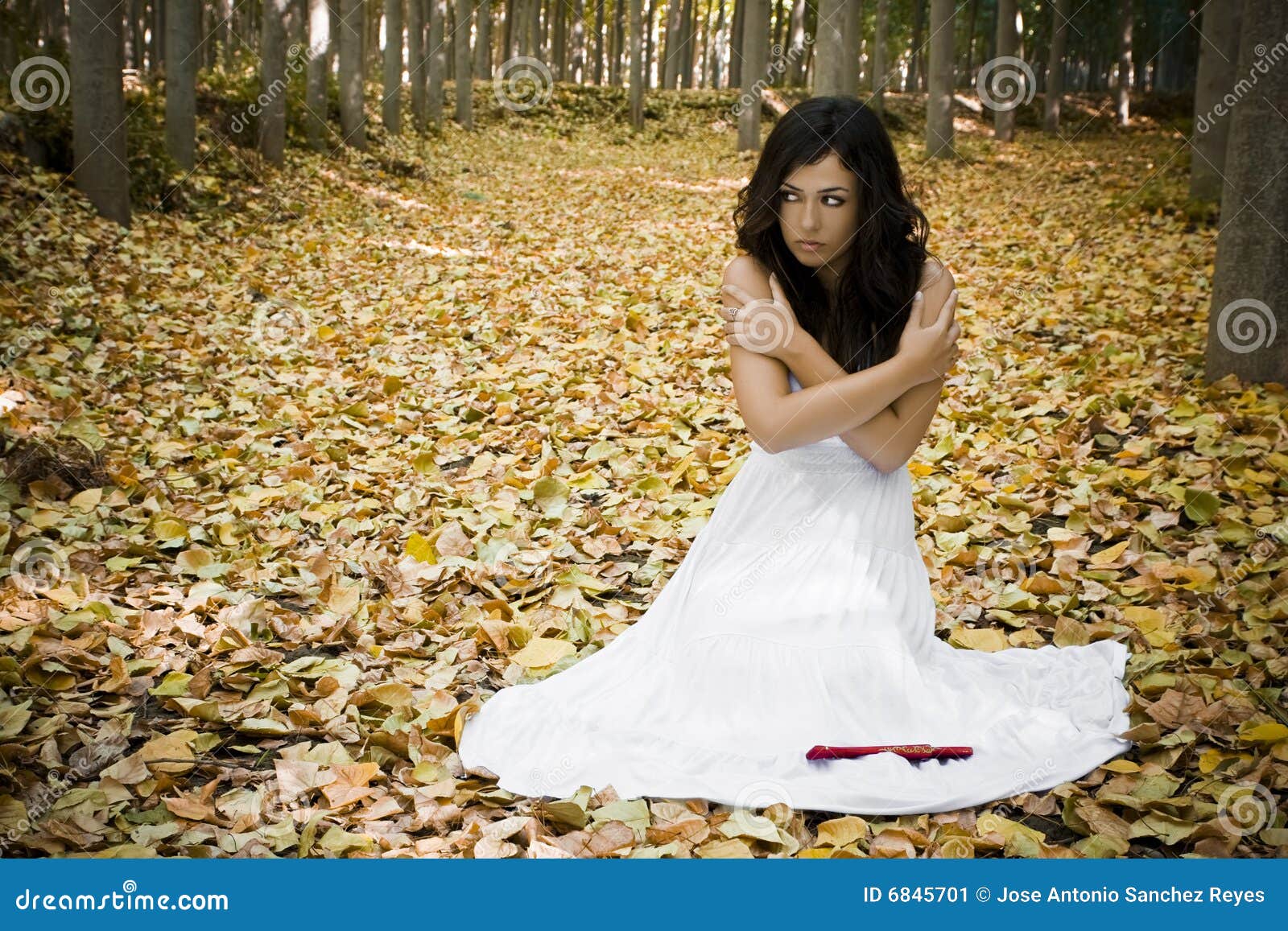 Scared woman in woods stock image. Image of dress, long - 6845701