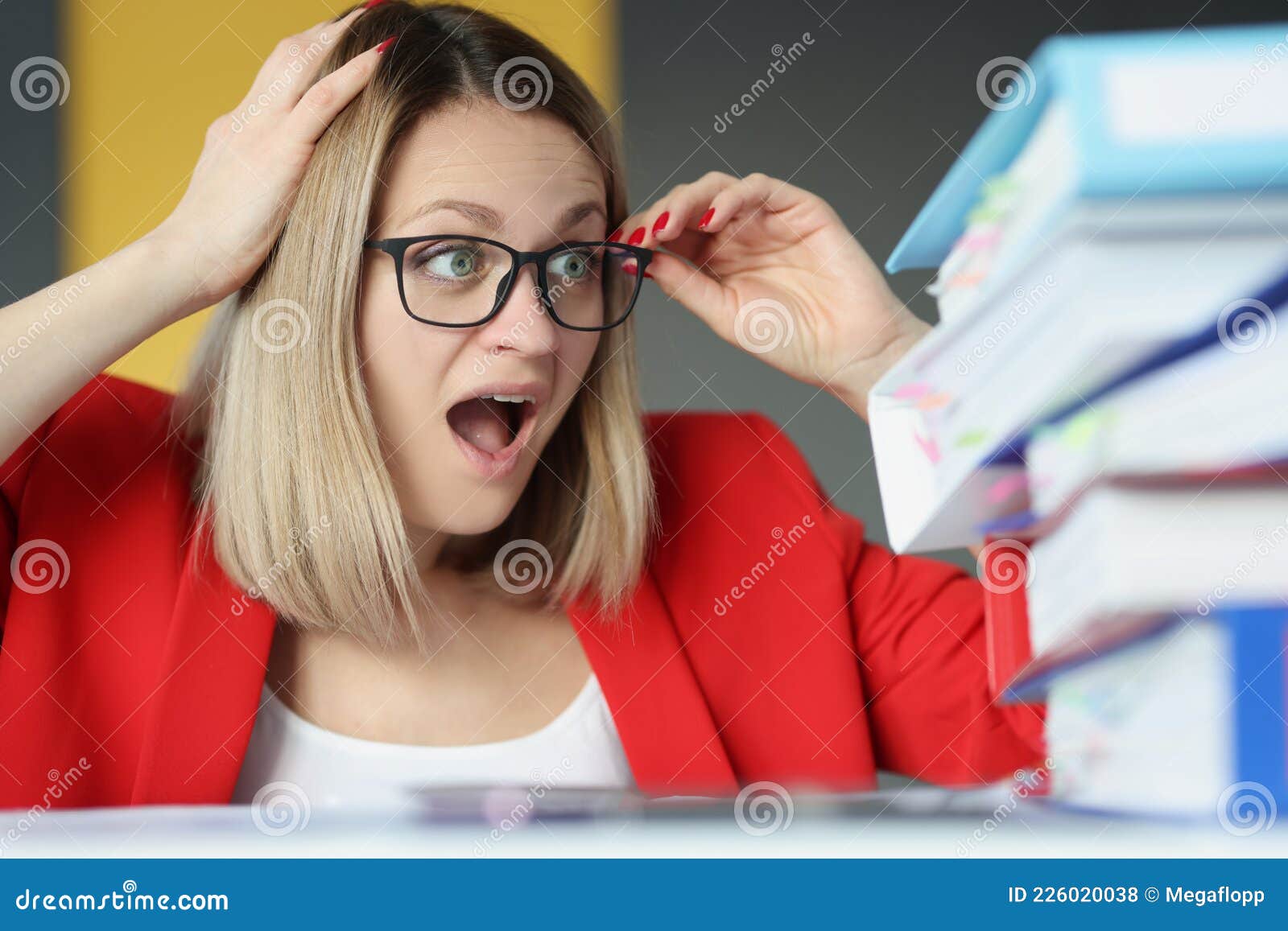 Scared Young Businesswoman Secretary with Huge Stack of Folders Stock ...