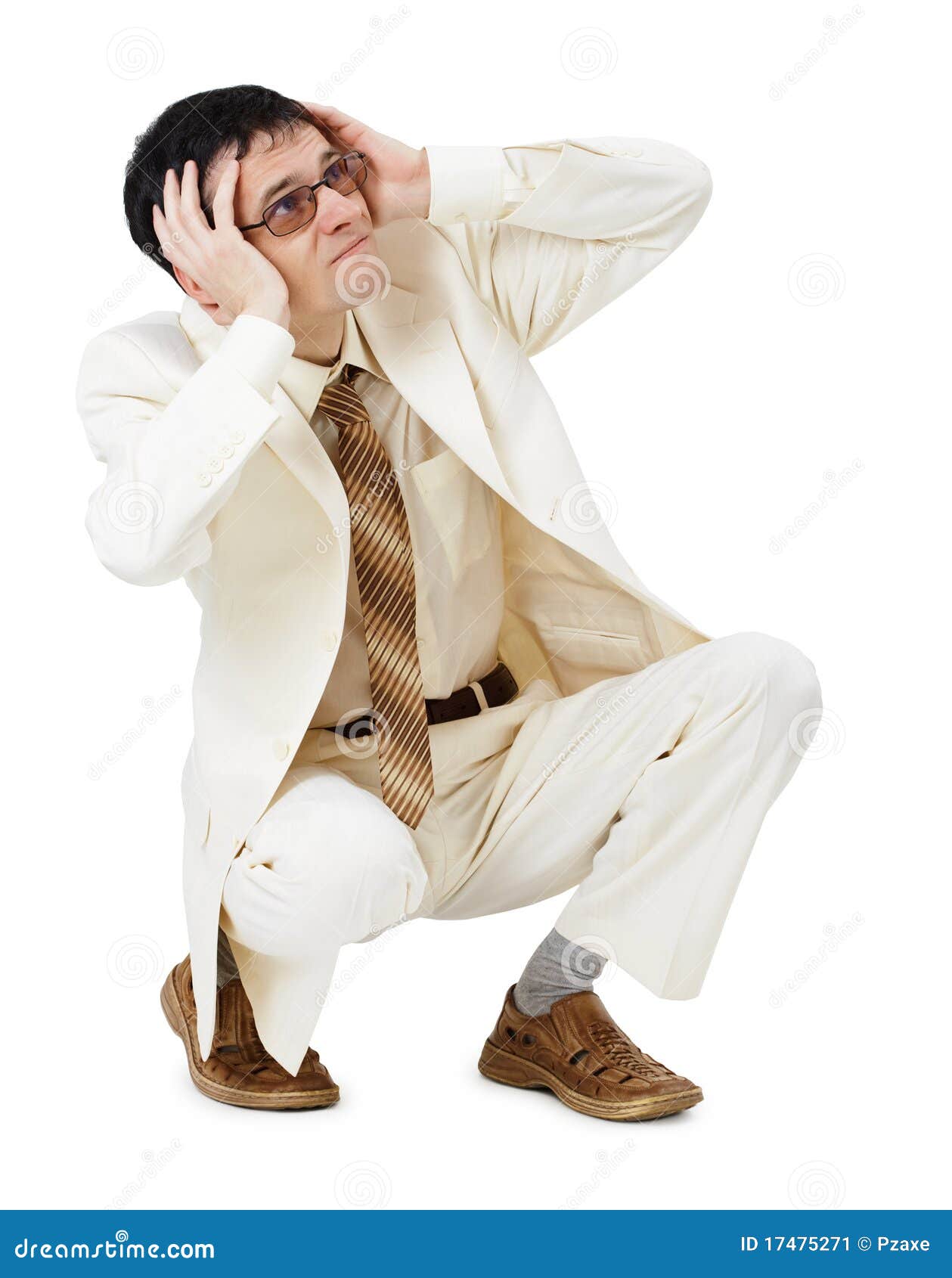 Scared Young Man in White Suit Sits Stock Image - Image of pose ...
