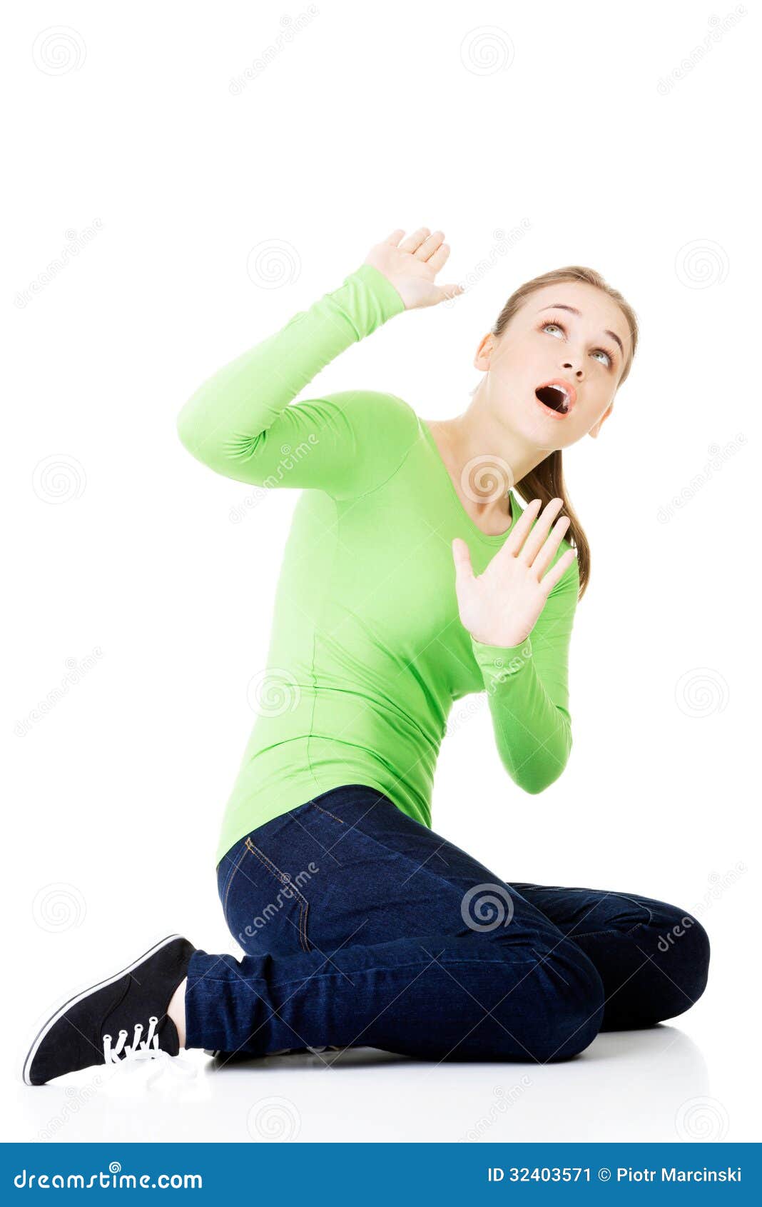 Scared Young Woman Afraid of Something Above Her Stock Image - Image of ...