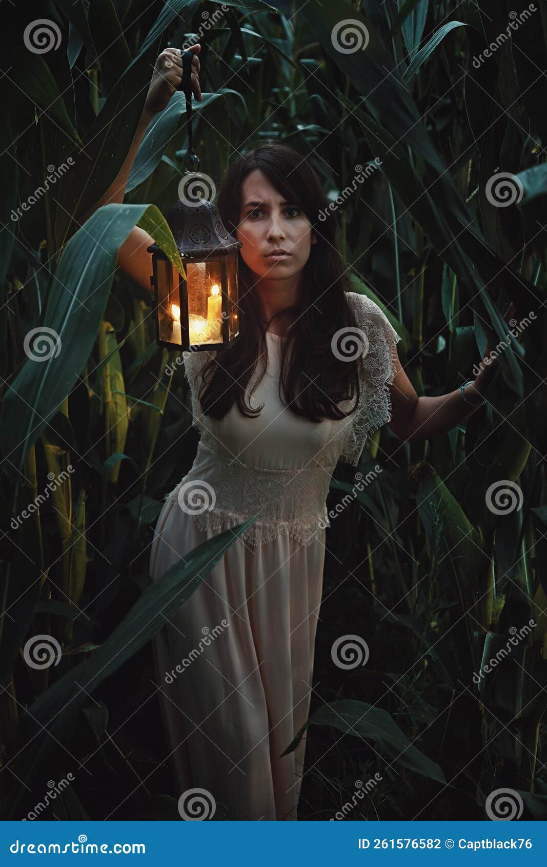 Scared Young Woman in a Field at Night Stock Photo - Image of terror ...