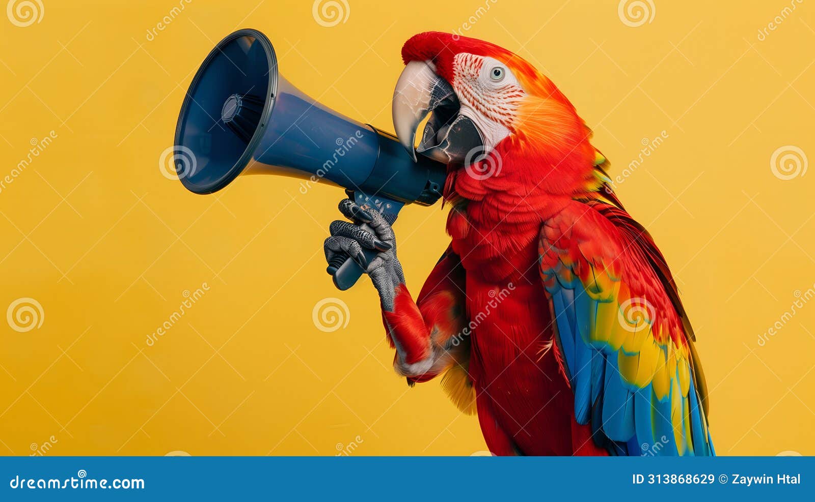 Scarlet Macaw Parrot . Announcing Using Megaphone. Notifying, Warning ...
