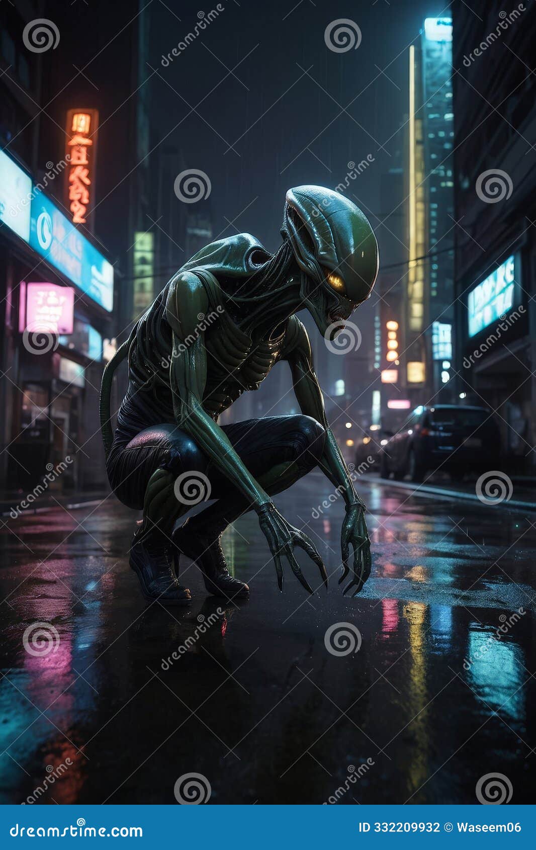 Scary Alien Creature Sitting on the Street at Night Stock Illustration ...