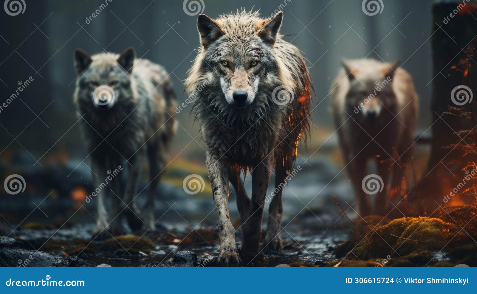 Scary and Angry Wolves Look into the Camera Lens Stock Illustration ...