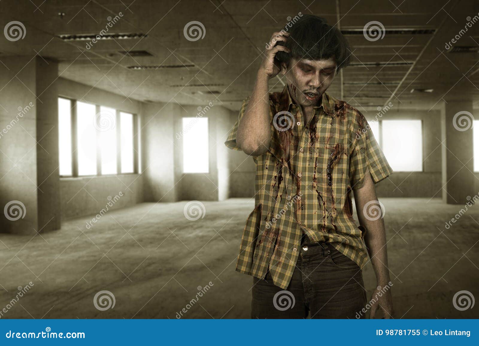 Scary Asian Zombie Man with Wounded Face Standing Stock Image - Image ...