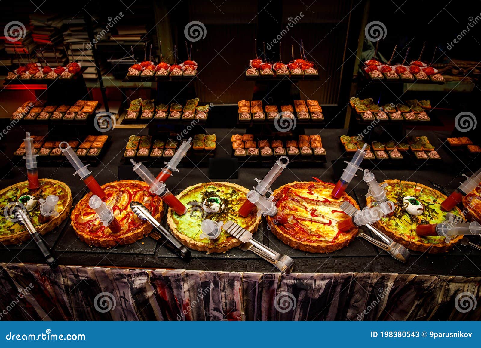 Scary Catering with Pizza and Other Horror Snacks for Halloween. Stock ...