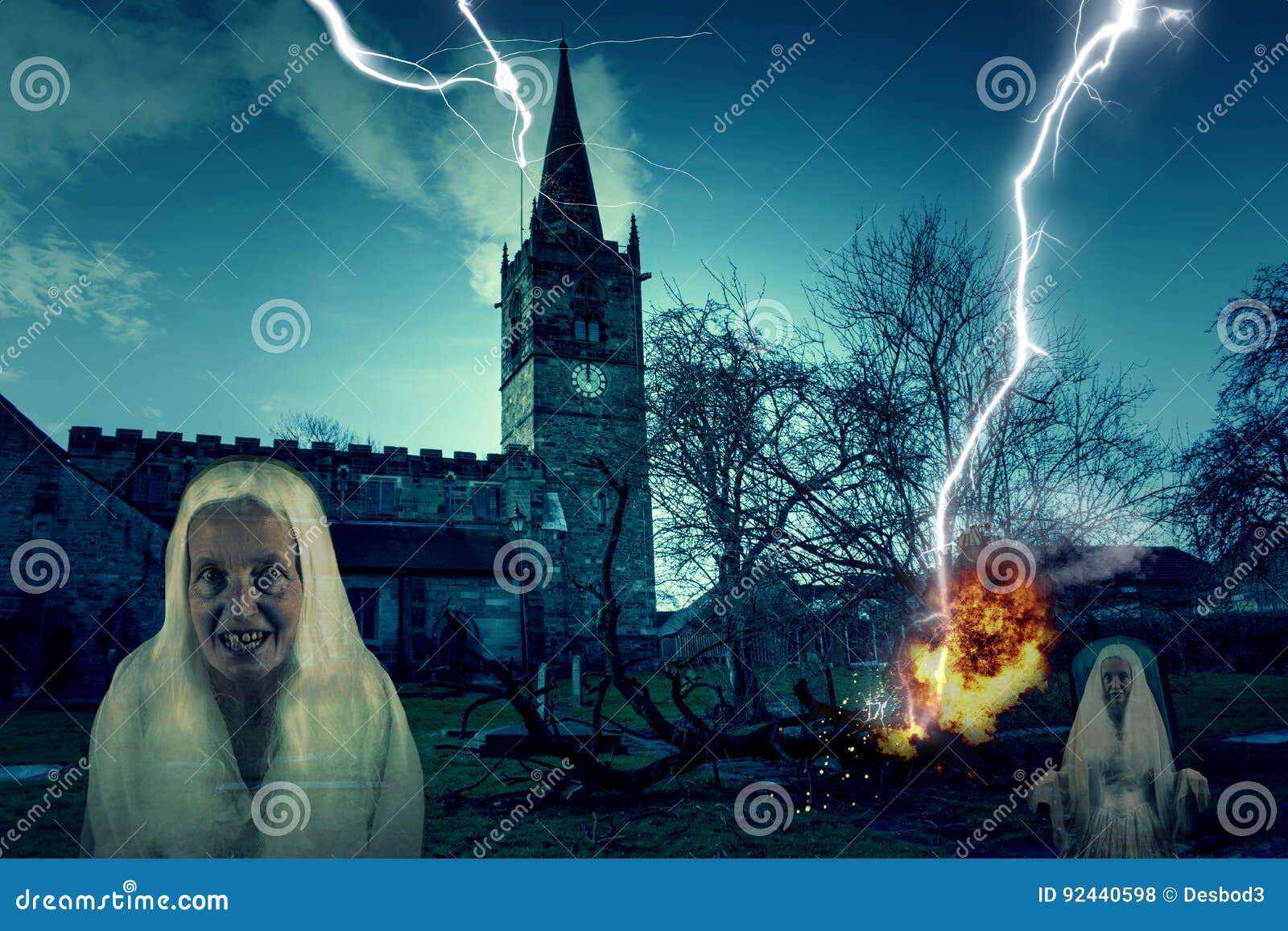 Scary Church Graveyard with Lightning and Ghost Stock Photo - Image of ...