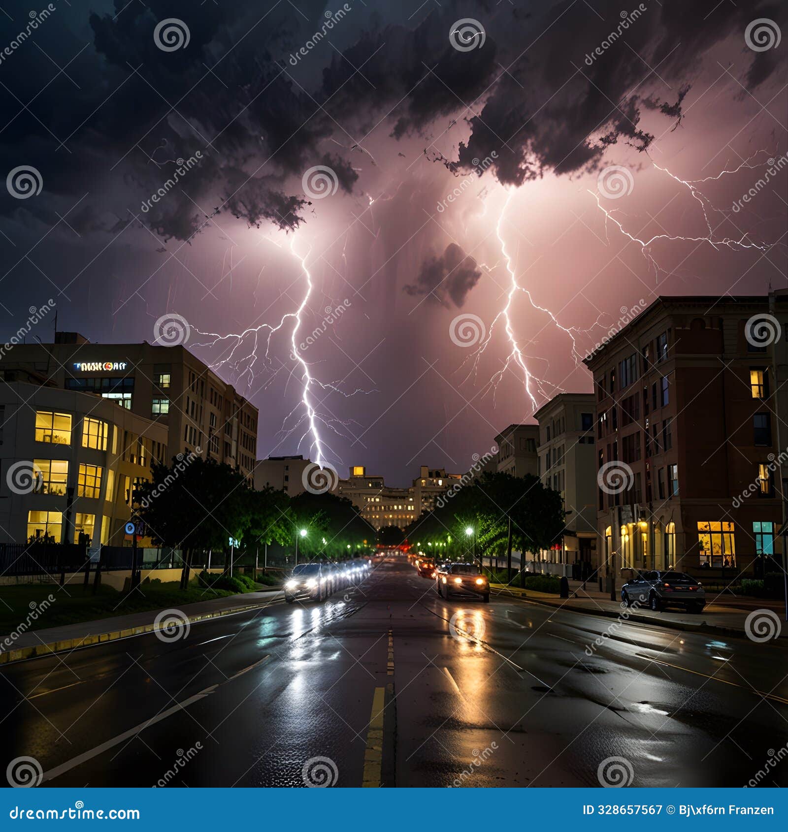 Cloudy Thunder Thunderstorm Lightning Bolt in the City Stock ...