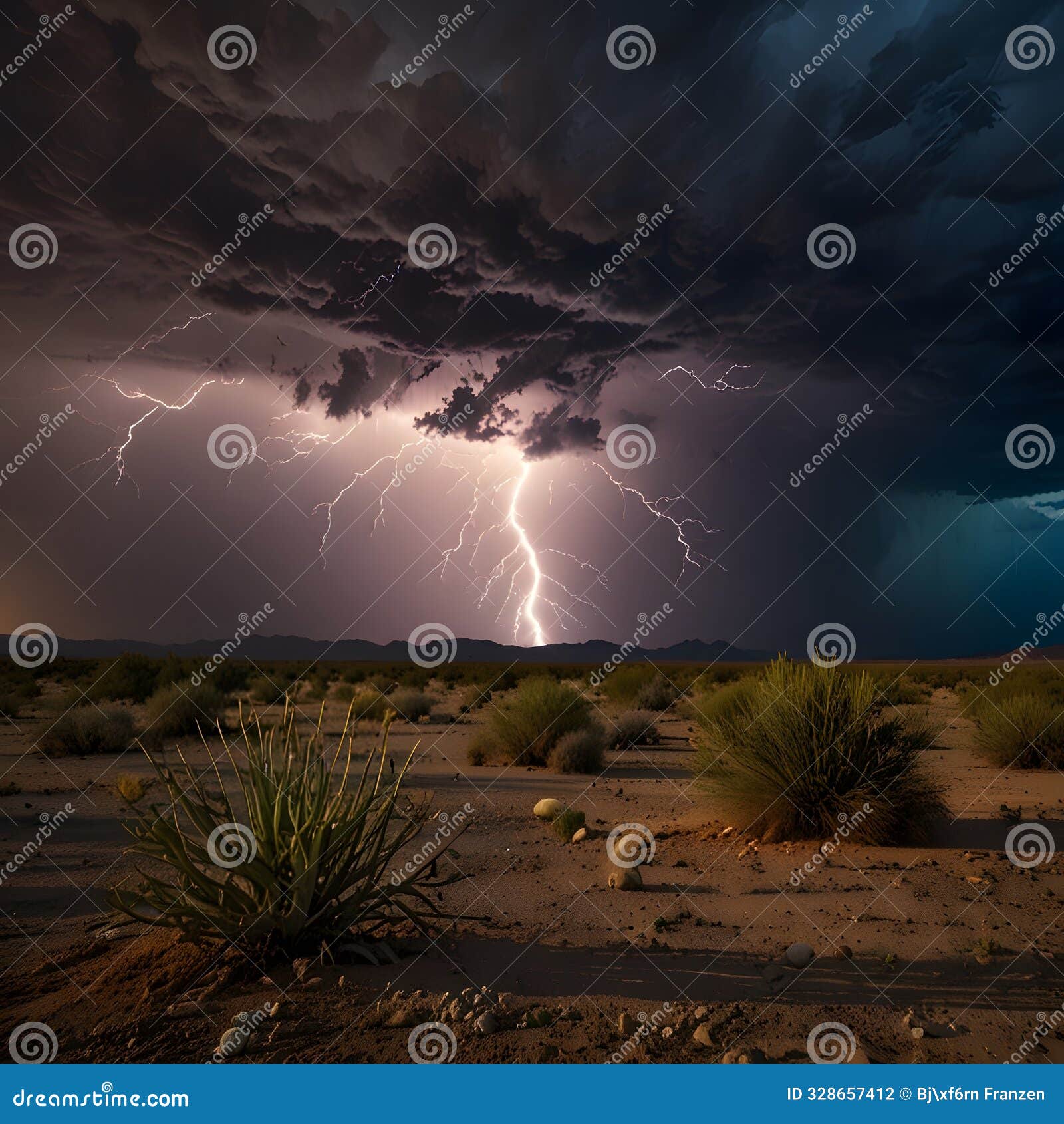 Cloudy Thunder Thunderstorm Lightning Bolt in the Desert Stock ...