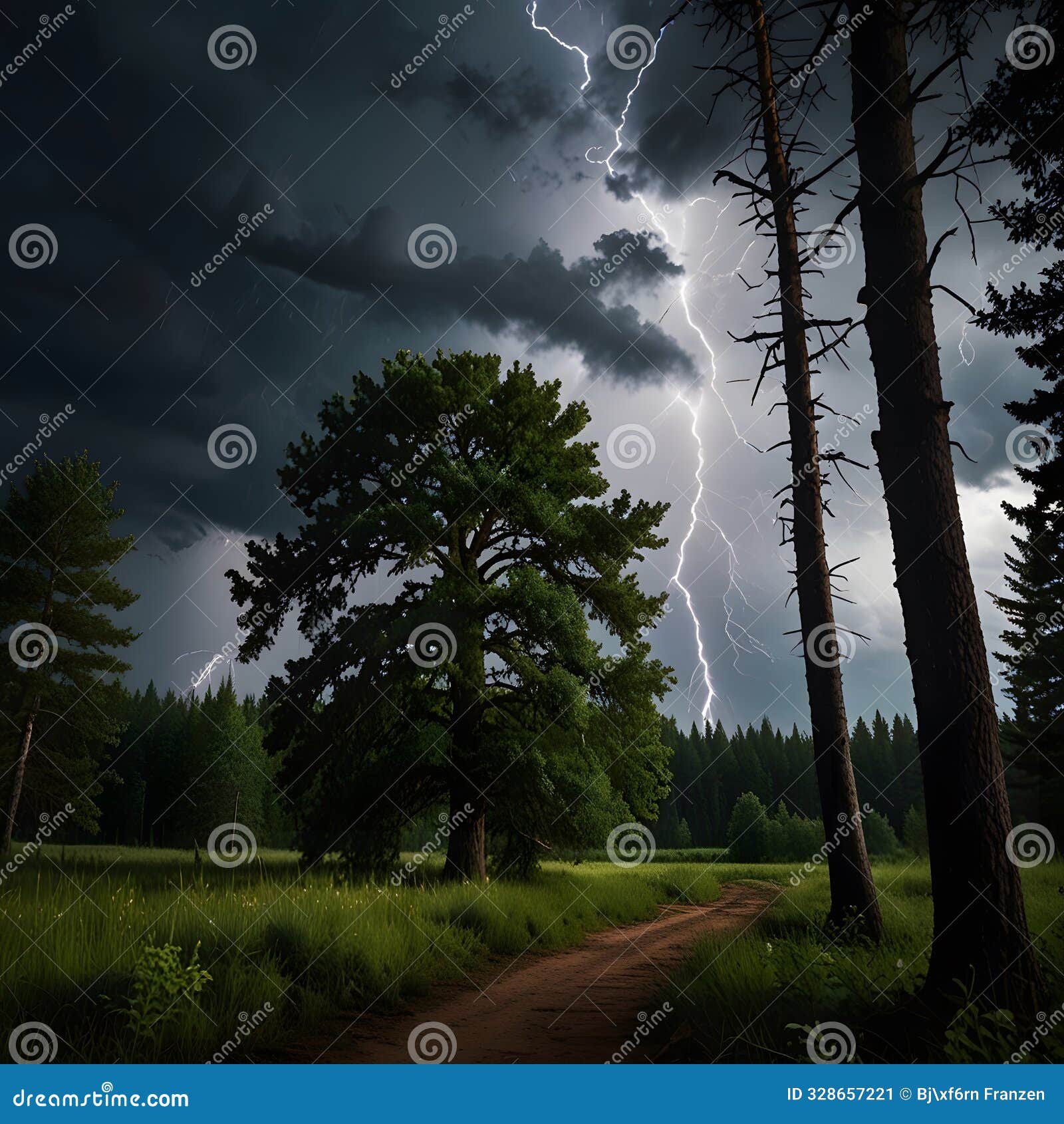 Cloudy Thunder Thunderstorm Lightning Bolt Forest Stock Illustration ...