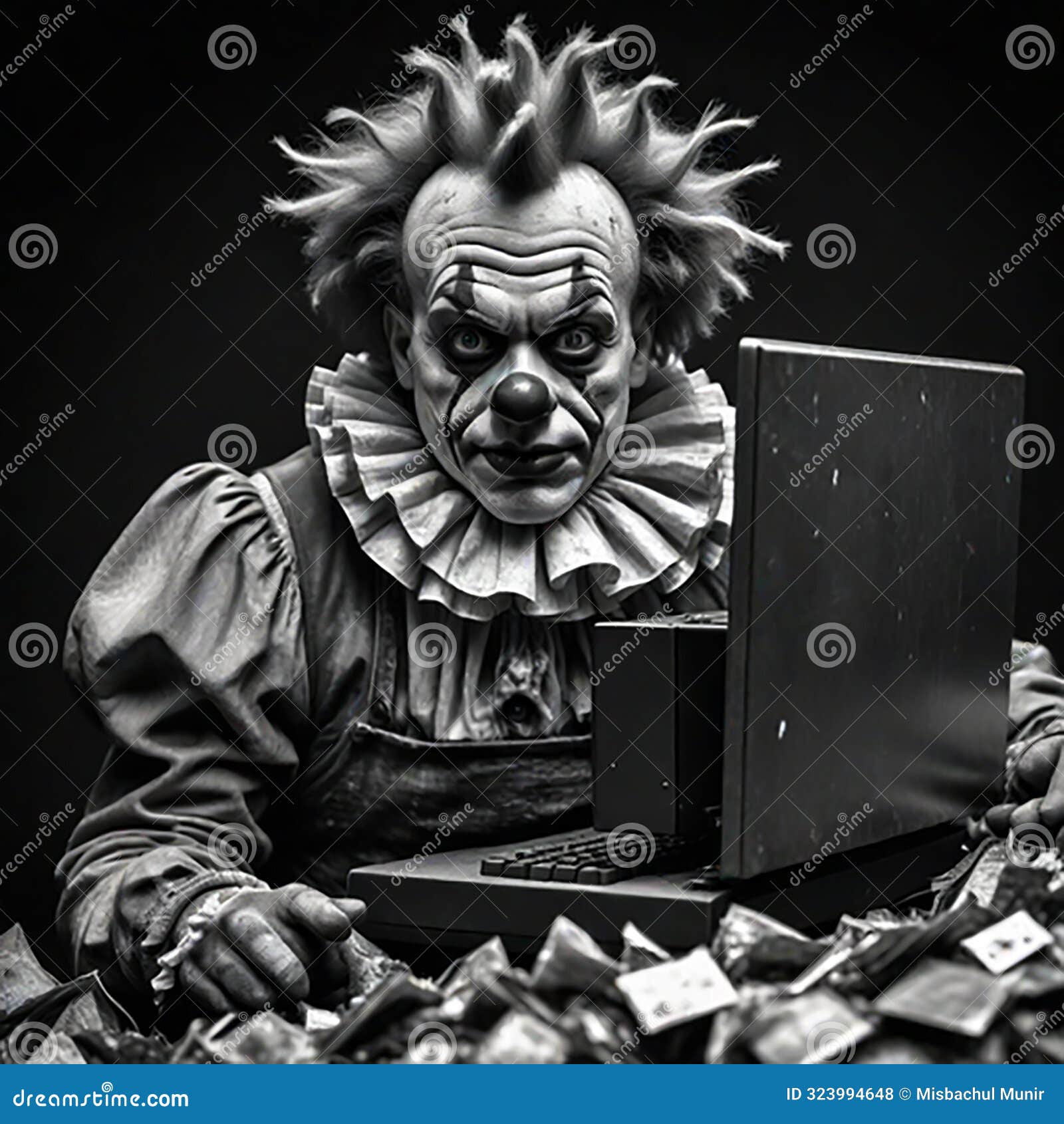 Scary Clown Playing an Old Computer in the Dark Room Stock Illustration ...