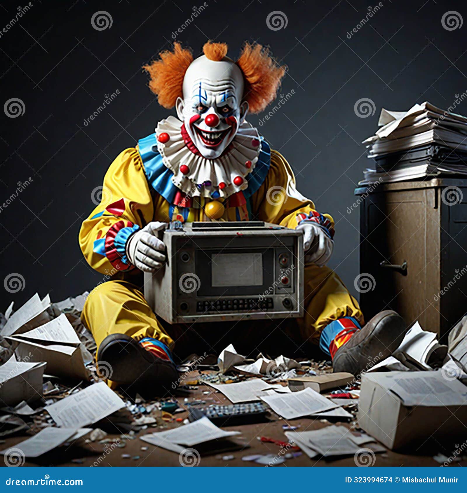 Scary Clown Playing an Old Computer in the Dark Room Stock Illustration ...