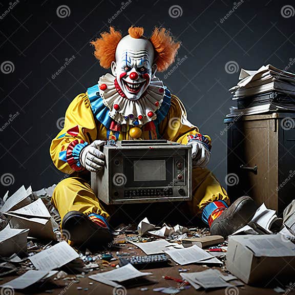 Scary Clown Playing an Old Computer in the Dark Room Stock Illustration ...
