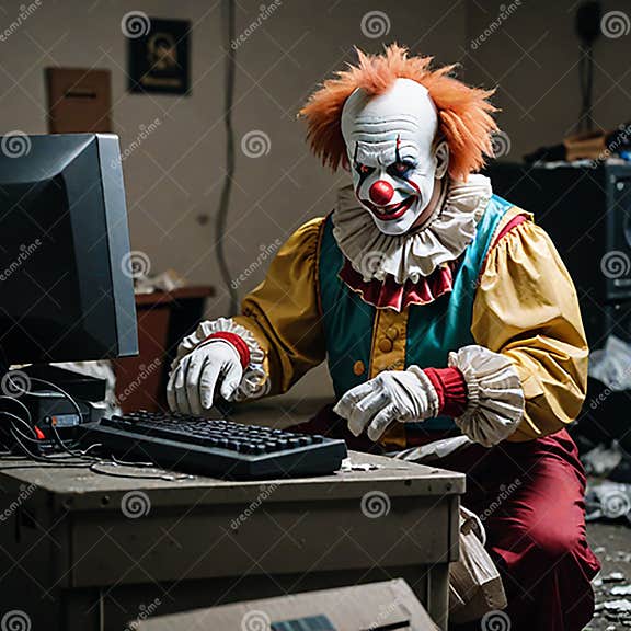Scary Clown Playing an Old Computer in the Dark Room Stock Illustration ...