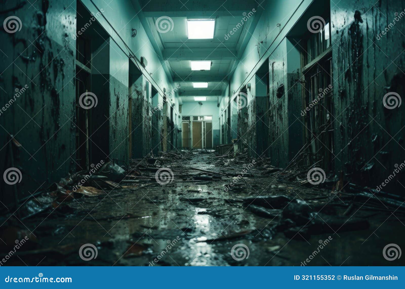 A Scary Dark Concrete Corridor in the Basement, Lit by a Single Light ...