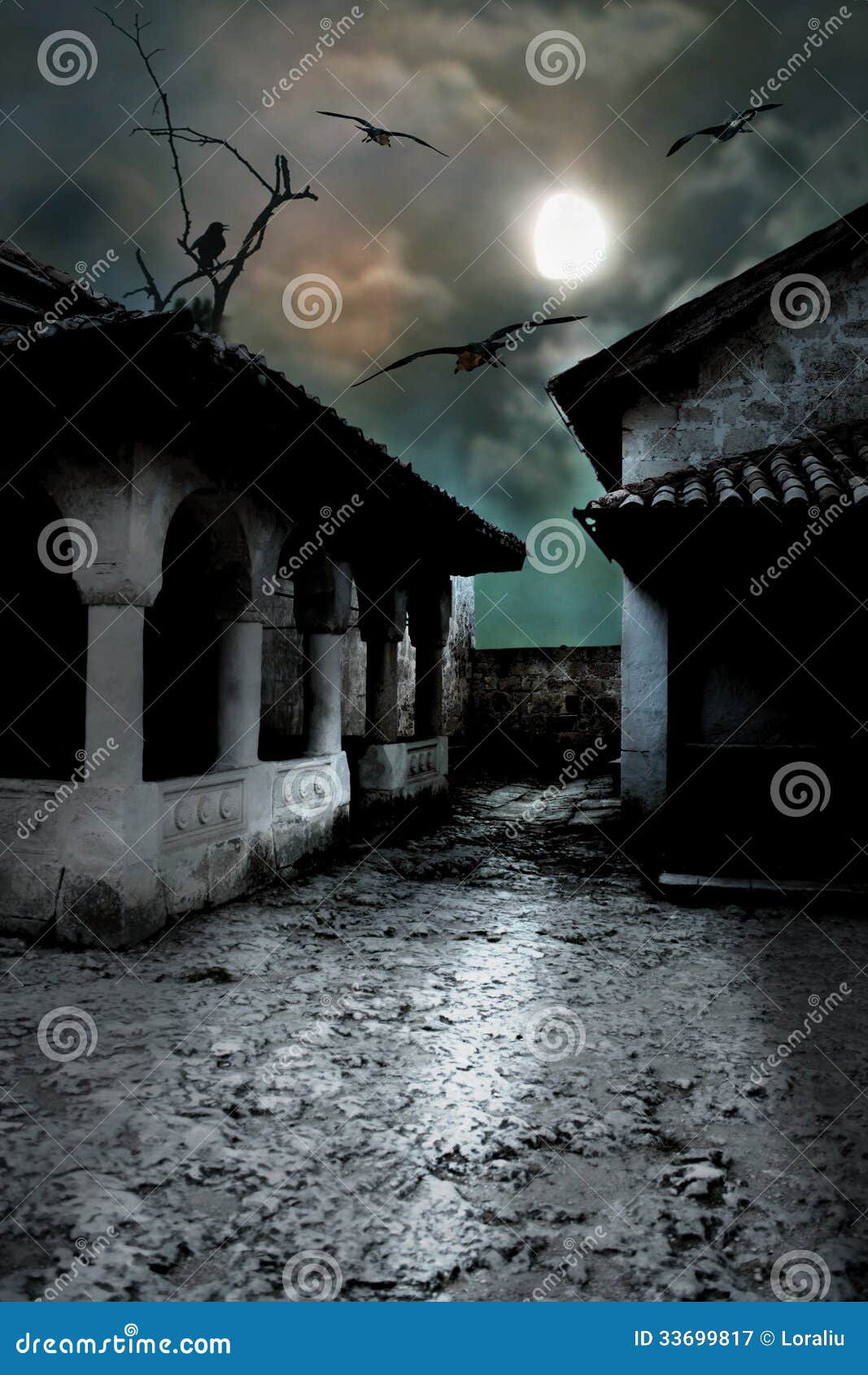 Scary Dark Courtyard in the Ominous Moonlight Stock Image - Image of ...