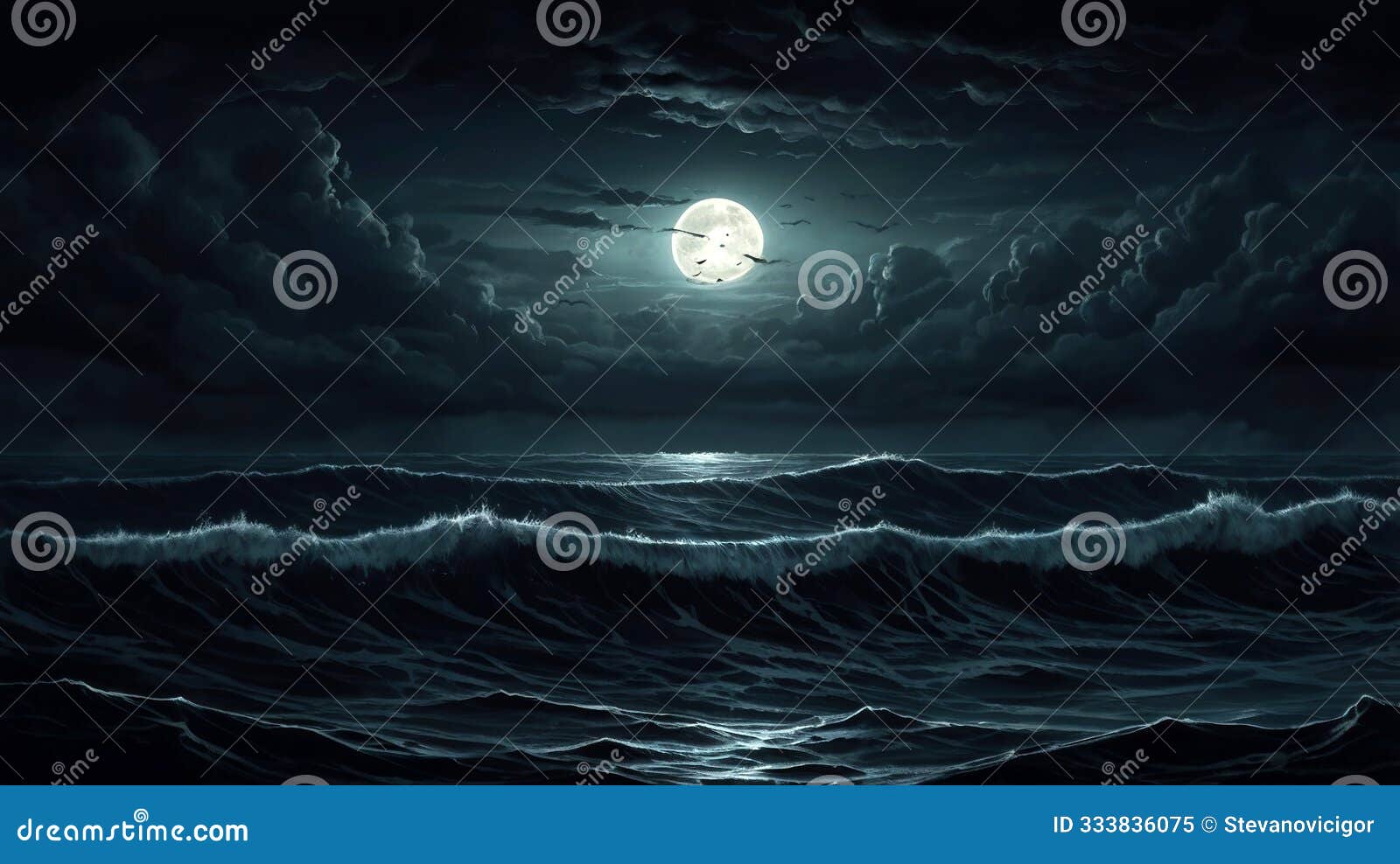 Scary Dark Ocean with Waves at Night Stock Illustration - Illustration ...