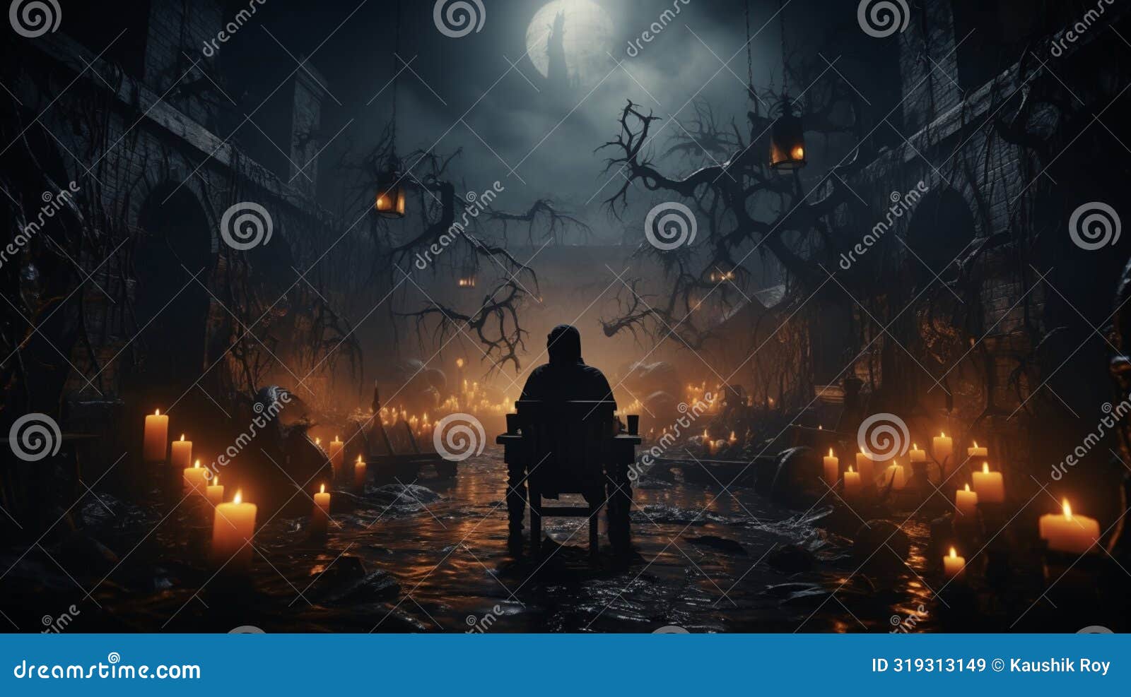 Scary Decorated Dark Room with Table Covered1 Stock Illustration ...