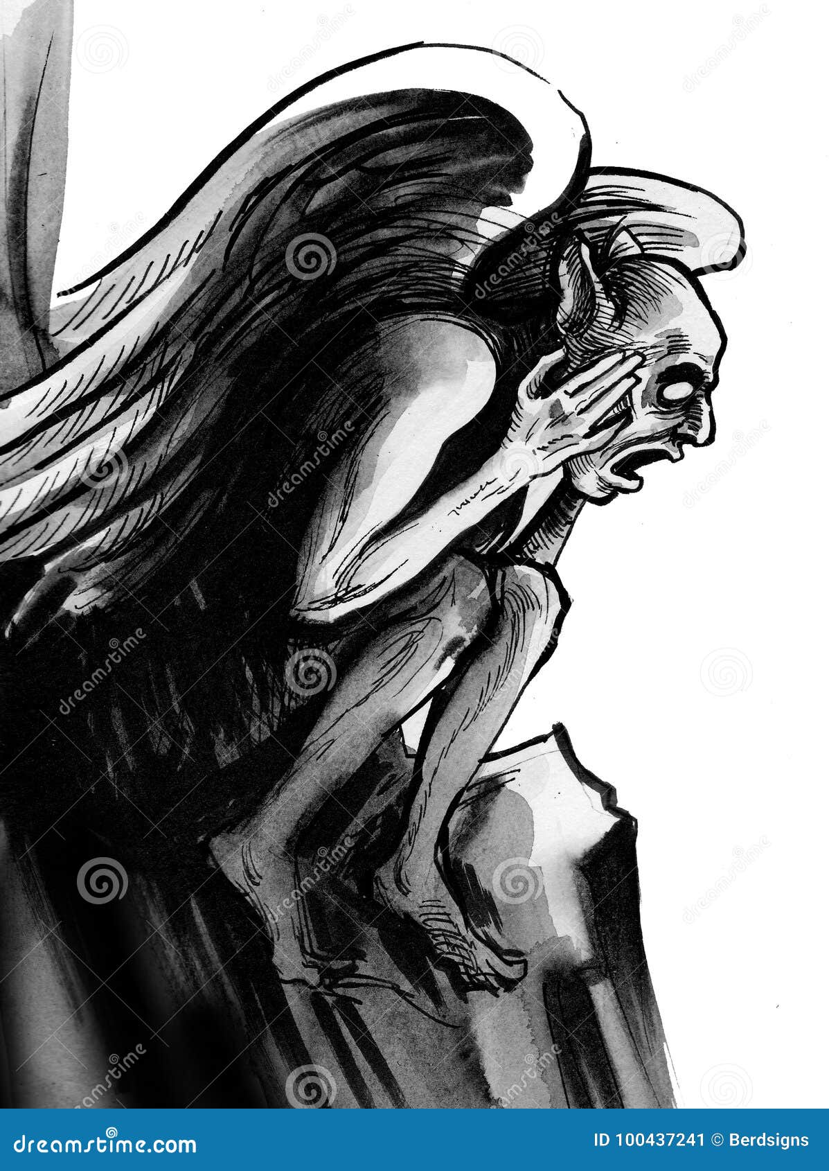 Scary Demon With Evil Symbols On Wings And Pentagram On Blue Texture ...