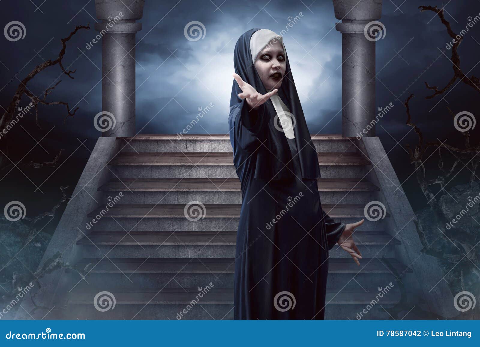 Scary Devil Nun Standing In The Abandoned Building Royalty-Free Stock ...