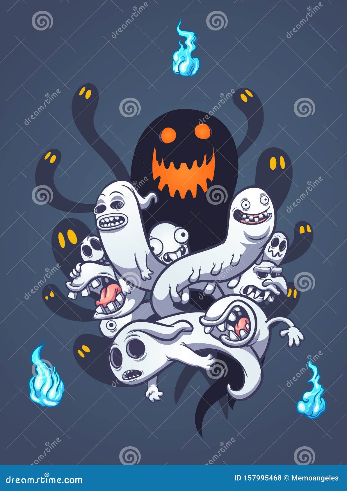 Scary Entangled Halloween Ghosts with Blue Flame Spirits Stock Vector ...