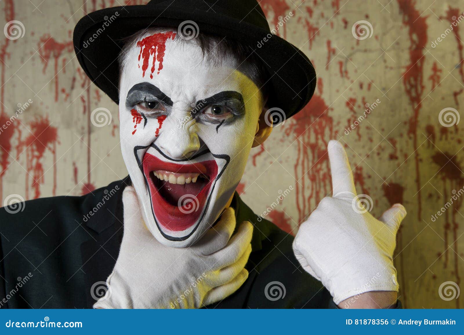 Scary Evil Clown Wearing a Bowler Hat on Wall Stock Photo - Image of ...